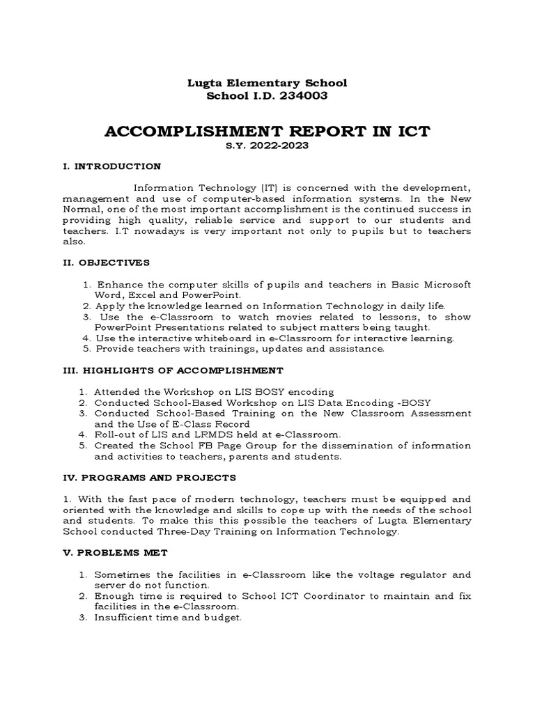 ICT Accomplishment Report 2022-2023 | PDF | Teachers | Information ...