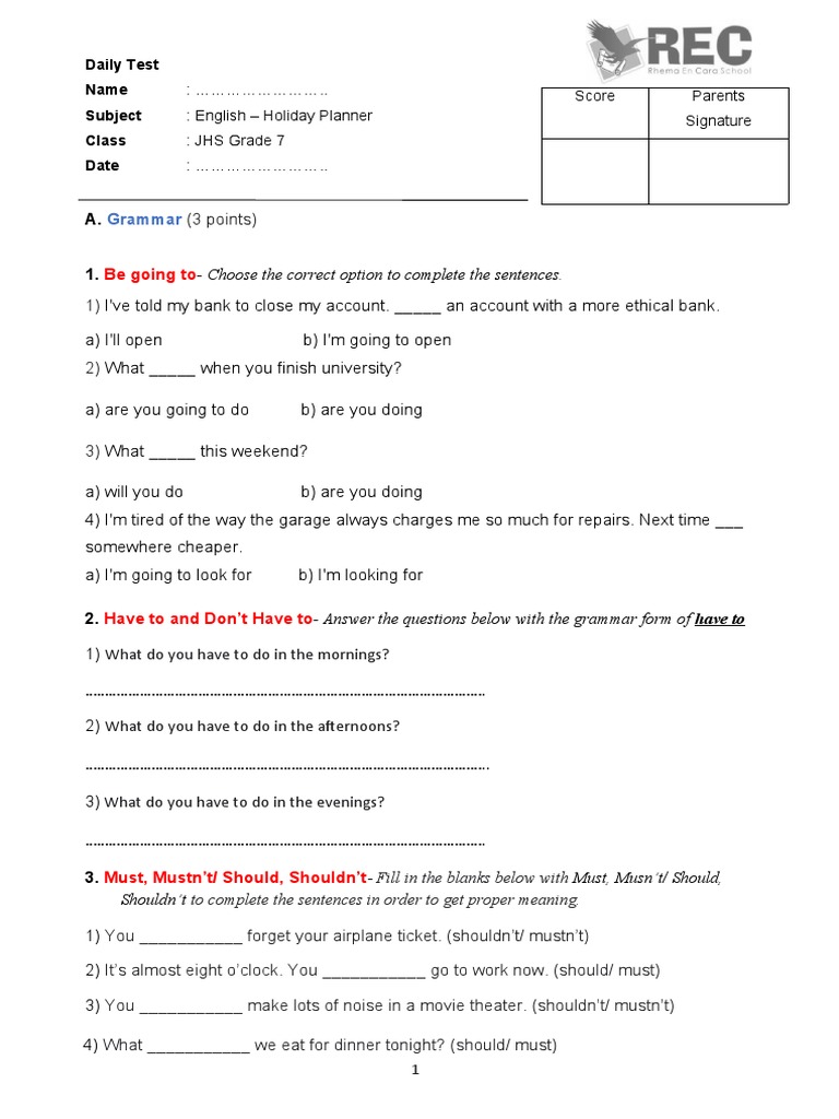 English Holiday Planner Test for JHS 7 | PDF | Linguistics