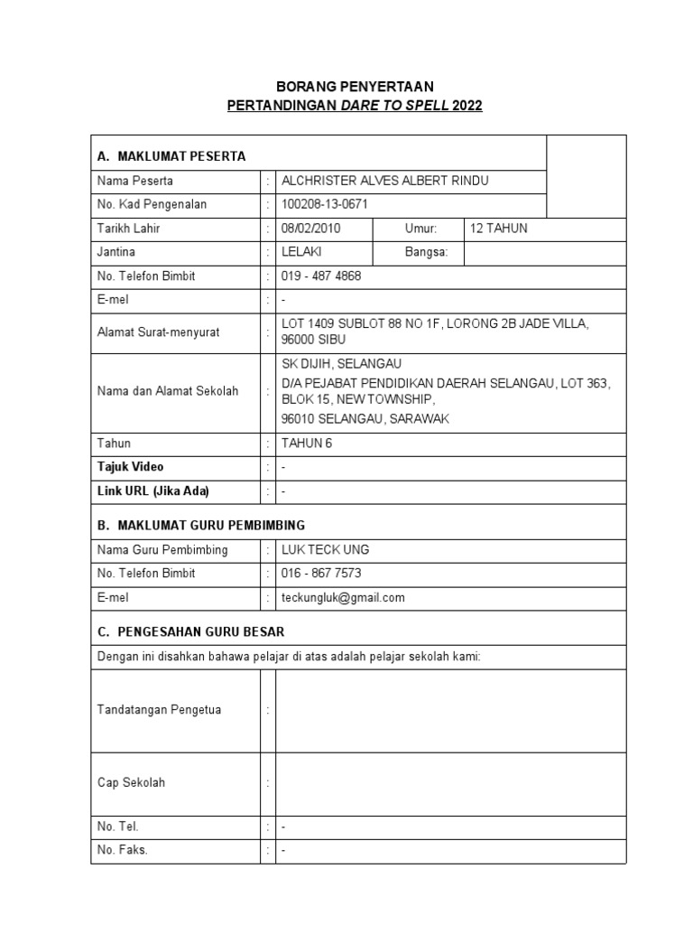 Borang Penyertaan - Poetry Recitation - 2022 | PDF