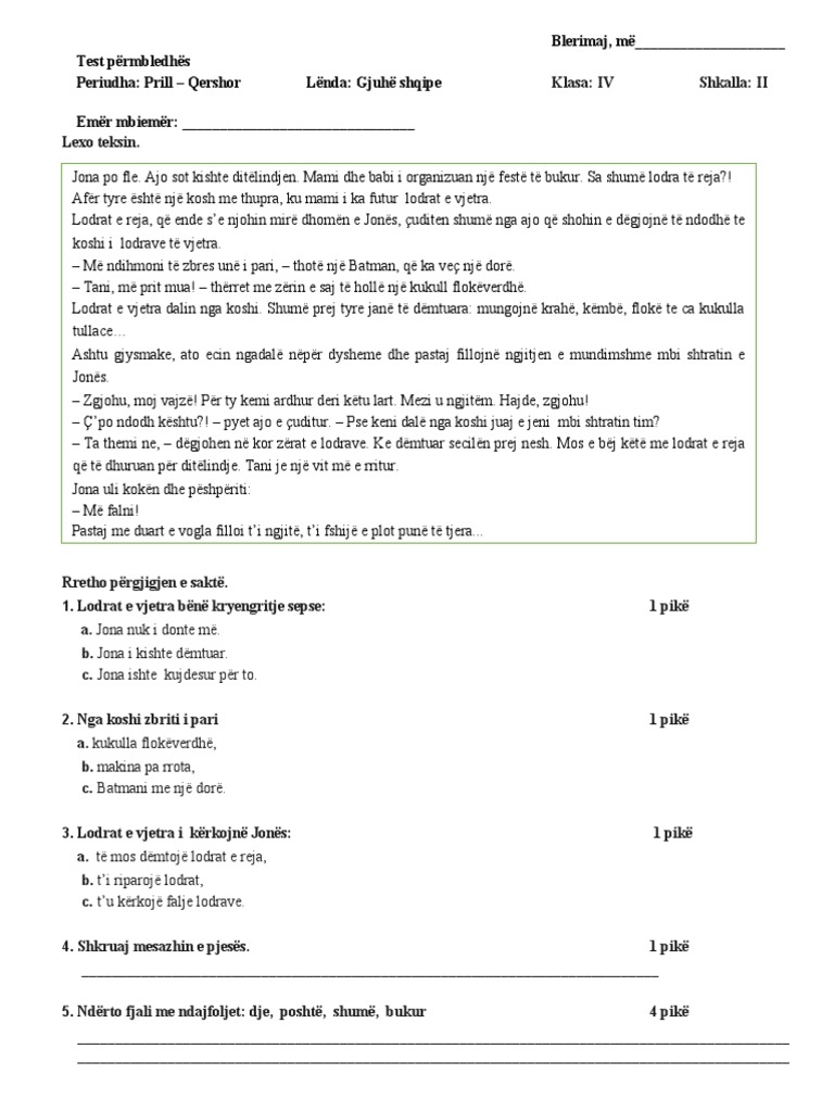 Test GJUHA SHQIPE 4 | PDF