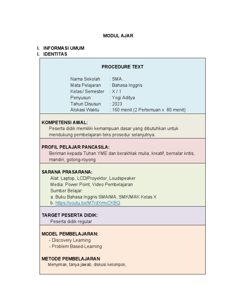 Modul Ajar Kelas X - Procedure Text | PDF | Karier & Perkembangan | Seni & Disiplin Bahasa
