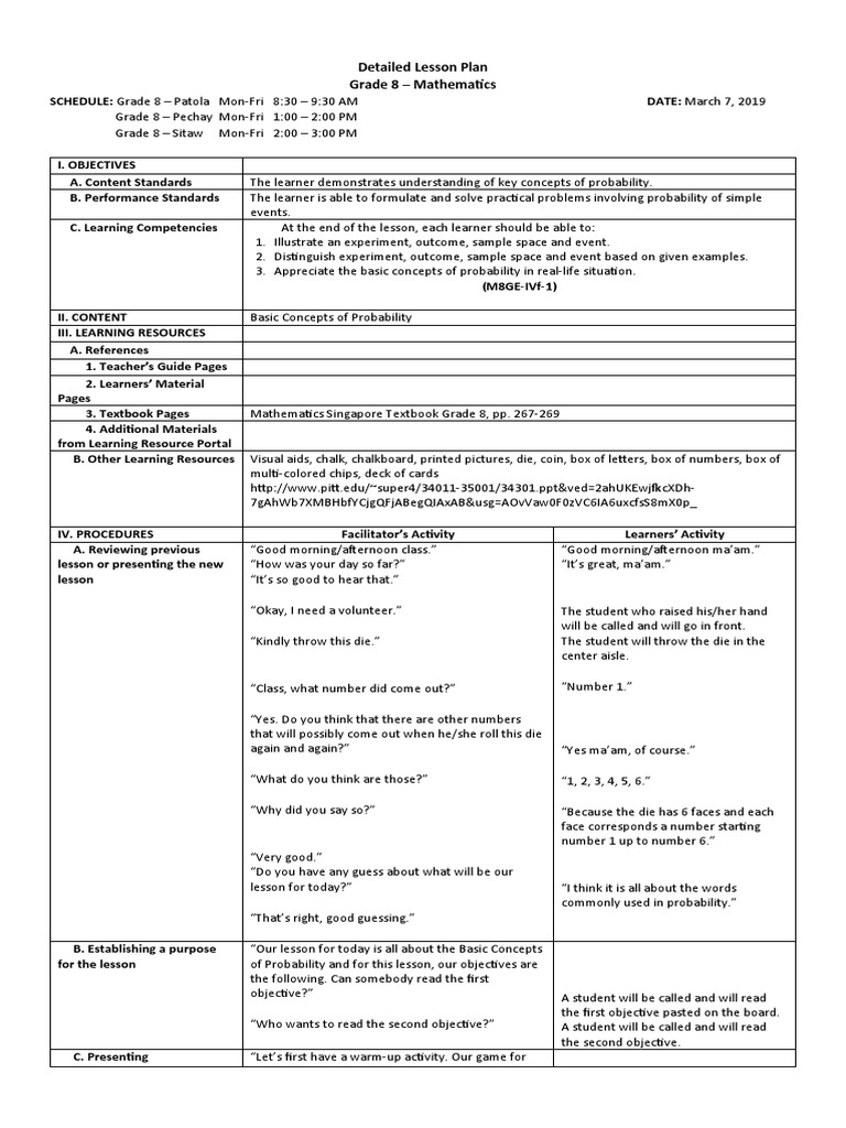 Basic Concepts of Probability Lesson Plan | PDF | Learning | Probability
