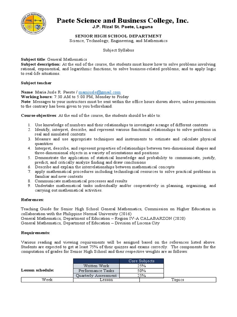 GENERAL-MATHEMATICS Syllabus | PDF | Function (Mathematics) | Mathematics GENERAL-MATHEMATICS Syllabus | PDF | Function (Mathematics) | Mathematics