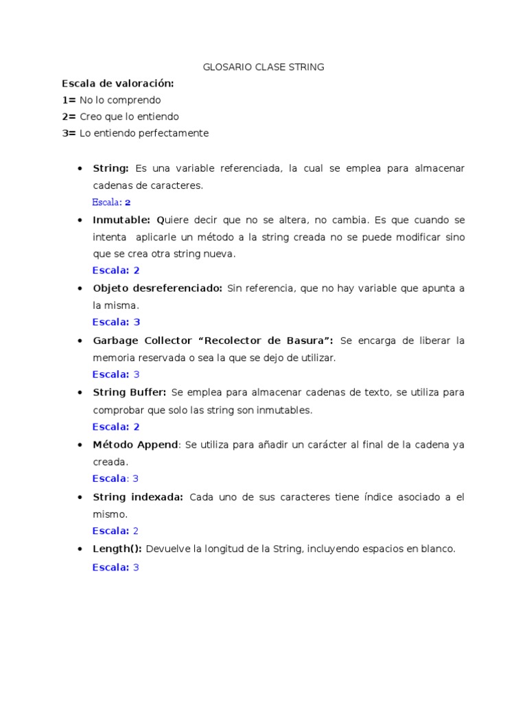 Glosario Clase String | PDF | Cadena (informática) | Ingeniería Informática