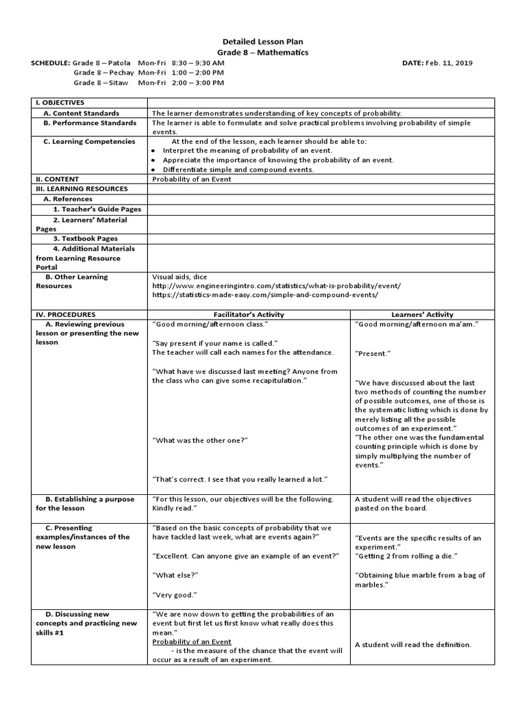 Lesson Plan in Probability of An Event | PDF | Probability | Learning