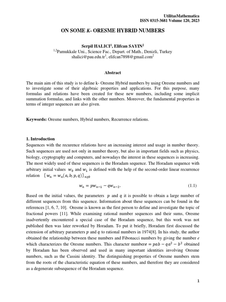 On Some K-Oresme Hybrid Numbers: Serpil HALICI, Elifcan SAYIN | PDF ...