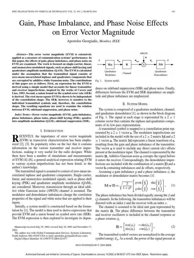 Gain Phase Imbalance and Phase Noise Effects On Error Vector Magnitude | PDF | Modulation ...