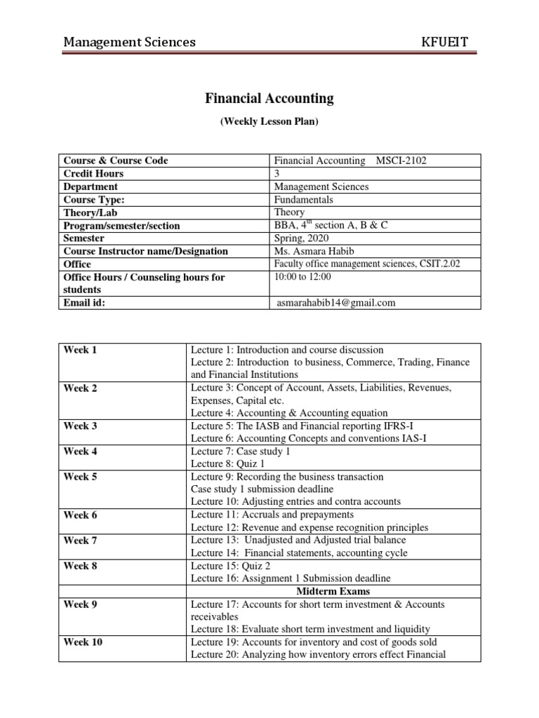 Financial Accounting Weekly Plan | PDF | Financial Accounting | Equity (Finance)