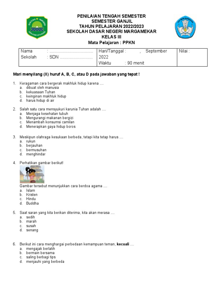 Soal PTS PPKN Kelas III SD 2022/2023 | PDF