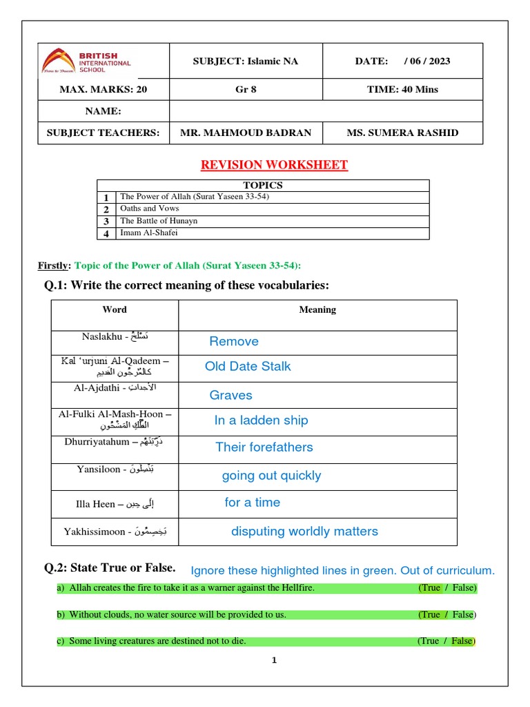 Revision Worksheet - Grade 8 (Answerkey) | PDF | Abrahamic Religions ...