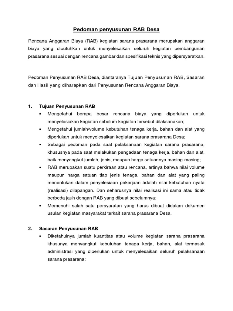 Pedoman Penyusunan RAB Desa | PDF