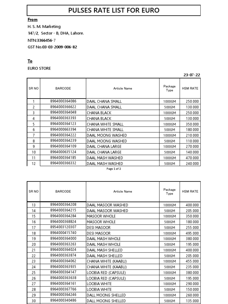 Euro Store Pulses Price List | PDF | Staple Foods | Crops