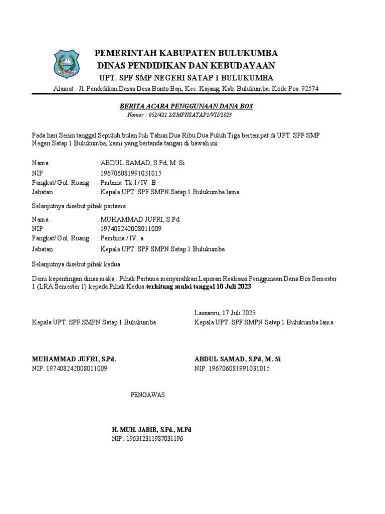 Serah Terima Jabatan di SMPN Satap 1 | PDF
