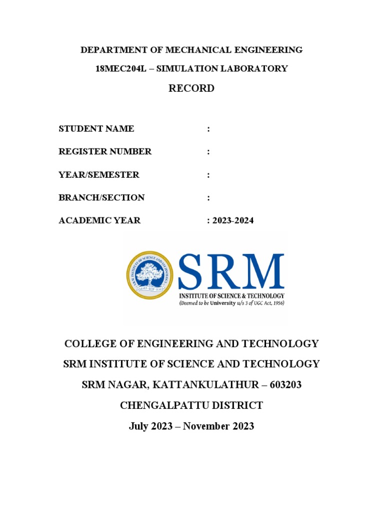 18MEC204L Simulation Laboratory Record 170723 | PDF | Bending | Stress ...