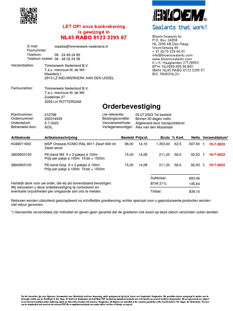 Orderbevestiging: NL45 RABO 0123 3295 07 | PDF
