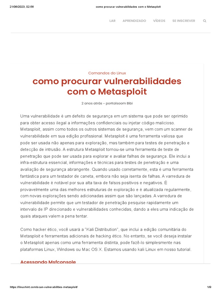Como Procurar Vulnerabilidades Com O Metasploit Pdf Vulnerabilidade Informática