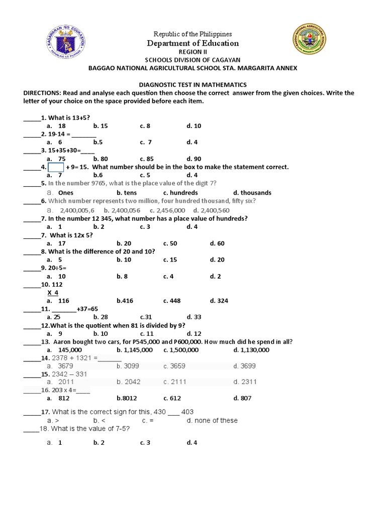 Math Diagnostic Test | PDF | Mathematics