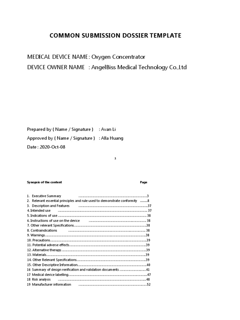 Common Submission Dossier Template - 2021 | PDF | Medical Device | Oxygen