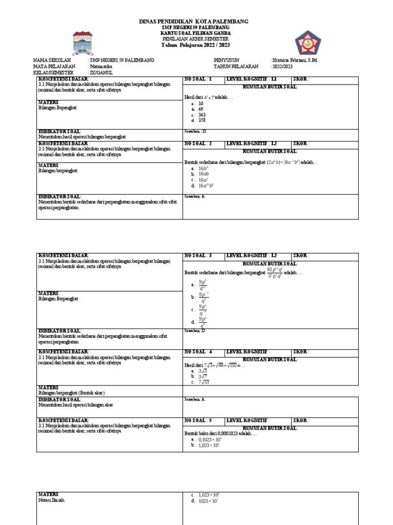 KARTU + KISI2 SOAL MTK Kelas 9 | PDF