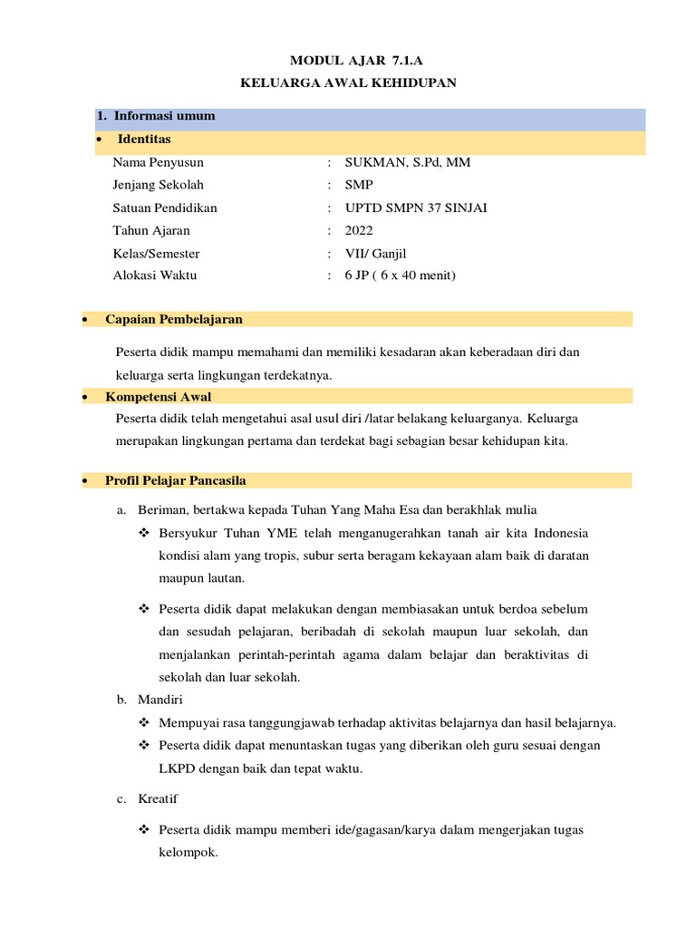 Modul Ajar Keluarga Awal Kehidupan | PDF