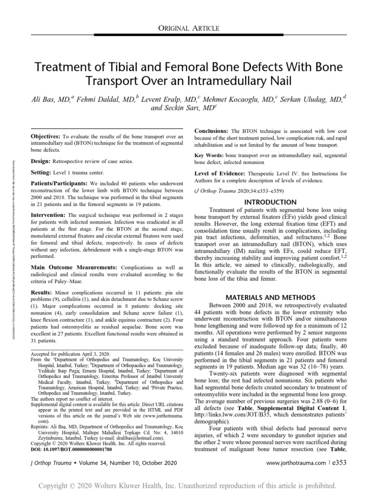 Treatment of Tibial and Femoral Bone Defects With Bone Transport Over ...