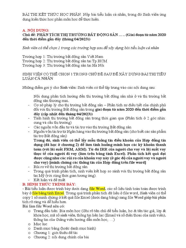 2023 HK1 Dau Tu BDS Cac Goi y Cho Bai Tieu Luan KTHP K46 Co Ha Dot 2 | PDF