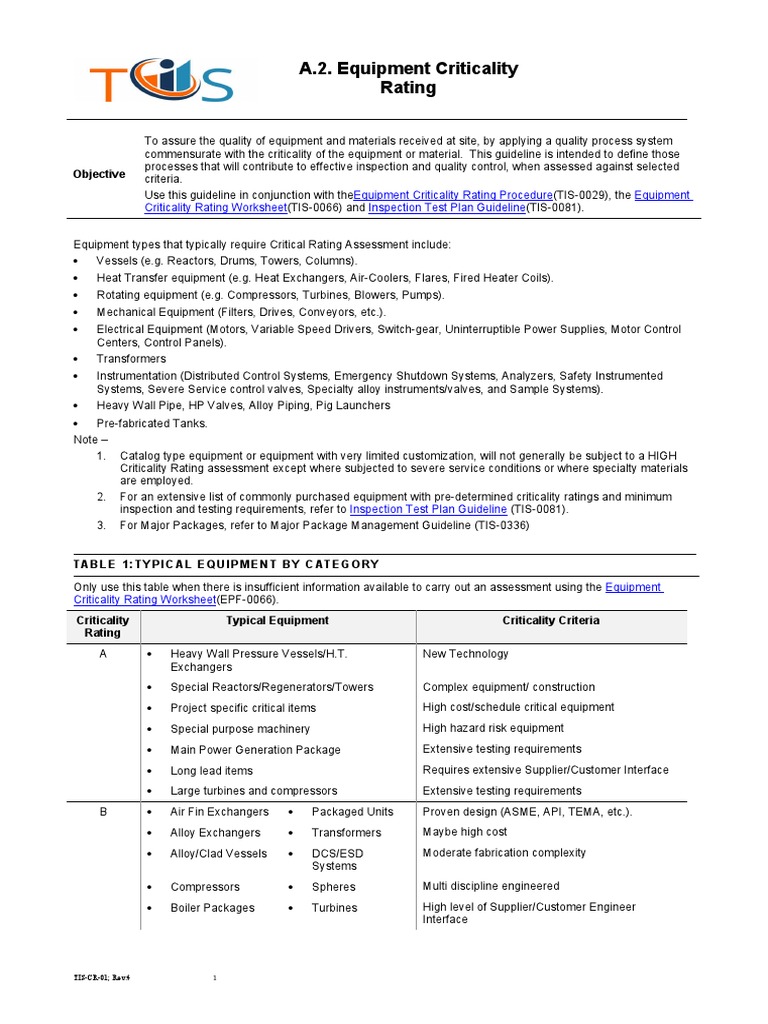 Equipment Criticality Rating Guide | PDF | Pipe (Fluid Conveyance ...