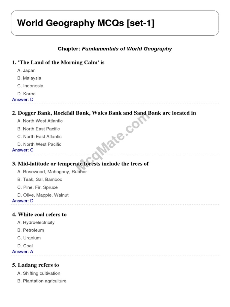 World Geography MCQs Set 1 | PDF | Stratosphere | Troposphere