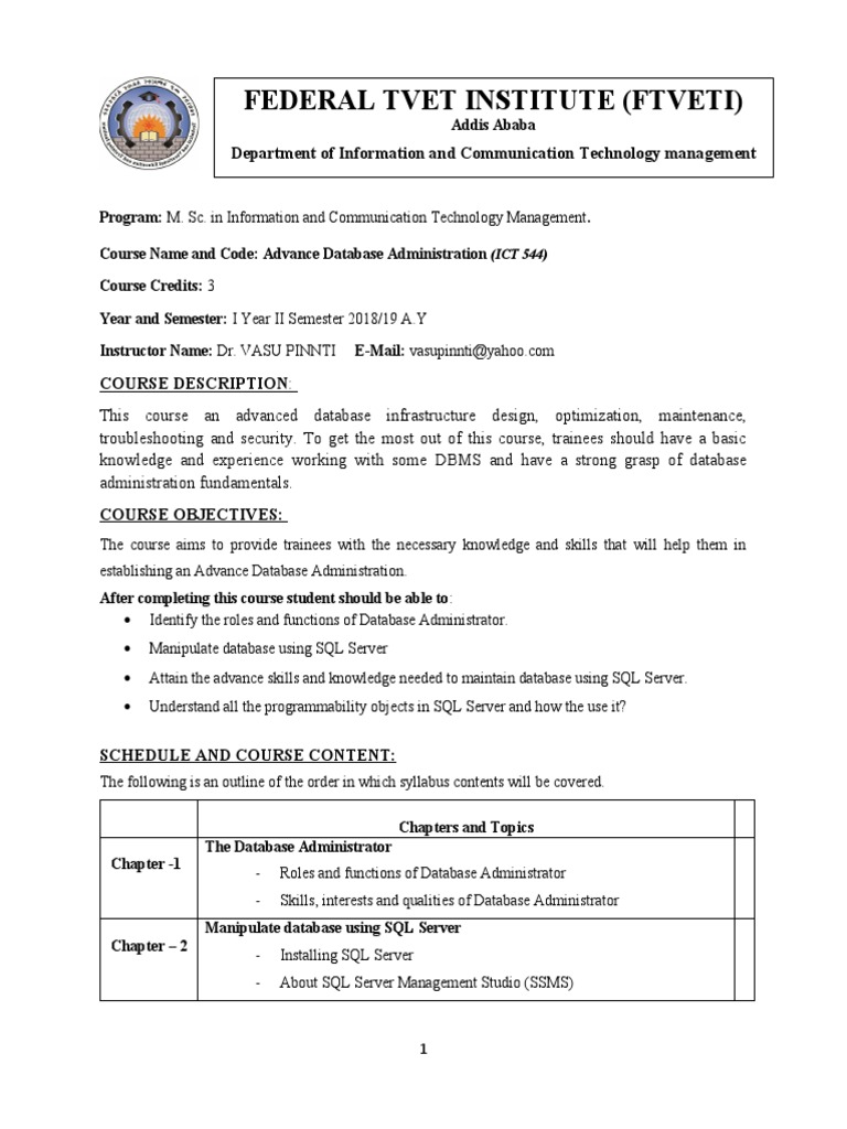 ADBA Course Outline 2019 | Download Free PDF | Databases | Microsoft Sql Server