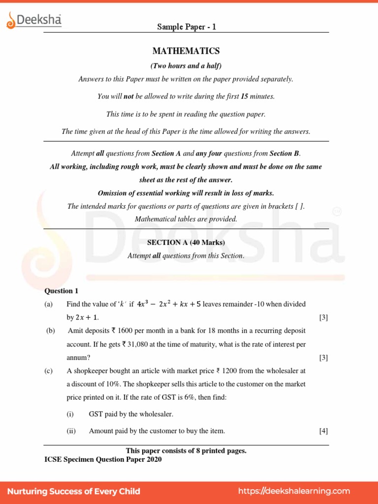 ICSE Class 10 Maths Sample Paper 1 2020 | Download Free PDF | Elementary Geometry | Elementary ...