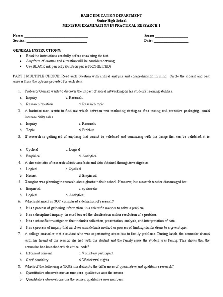 Practical Research 1 Midterm Exam | PDF | Qualitative Research ...