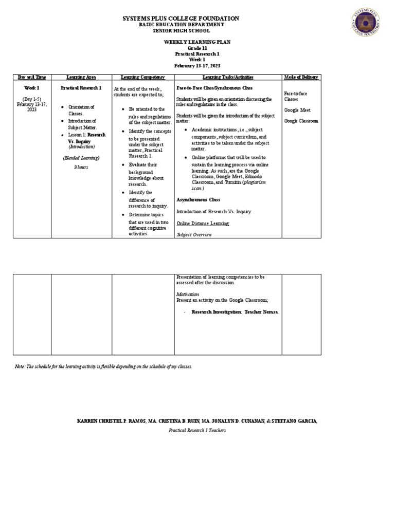 Week 1 Practical Research 1 Learning Plan | PDF | Learning | Distance Education
