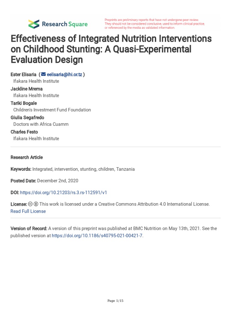 Effectiveness of Integrated Nutrition Interventions On Childhood ...