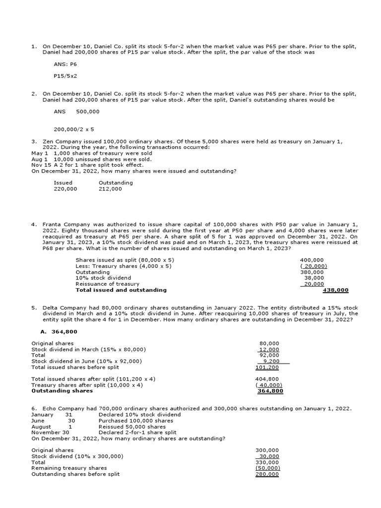 Share Split Sample Problem - Student | PDF | Treasury Stock | Share (Finance)