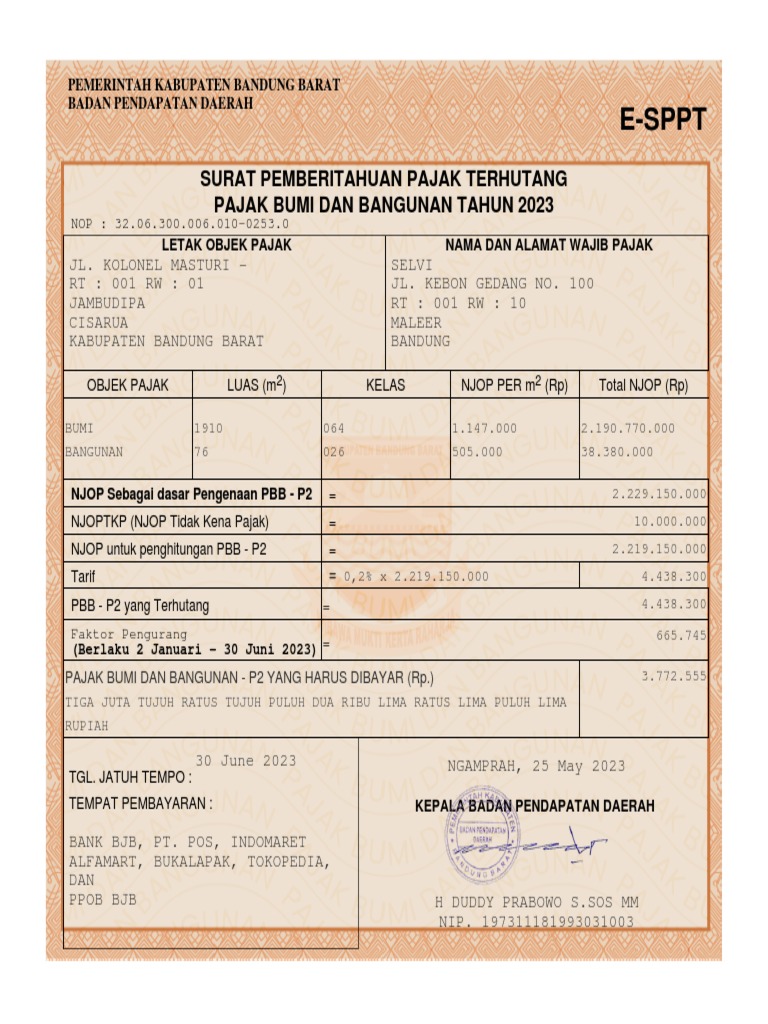 Contoh SPPT PBB Kabupaten Bandung | PDF