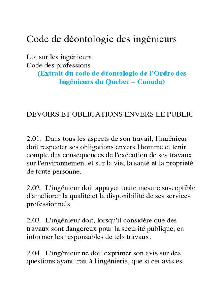 Code de Déontologie Ingénieurs | PDF | Ingénieur | Publicité