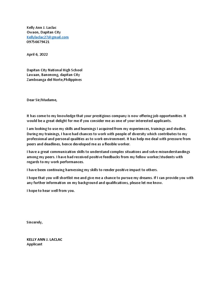 Kelly Ann Applicationletter | PDF