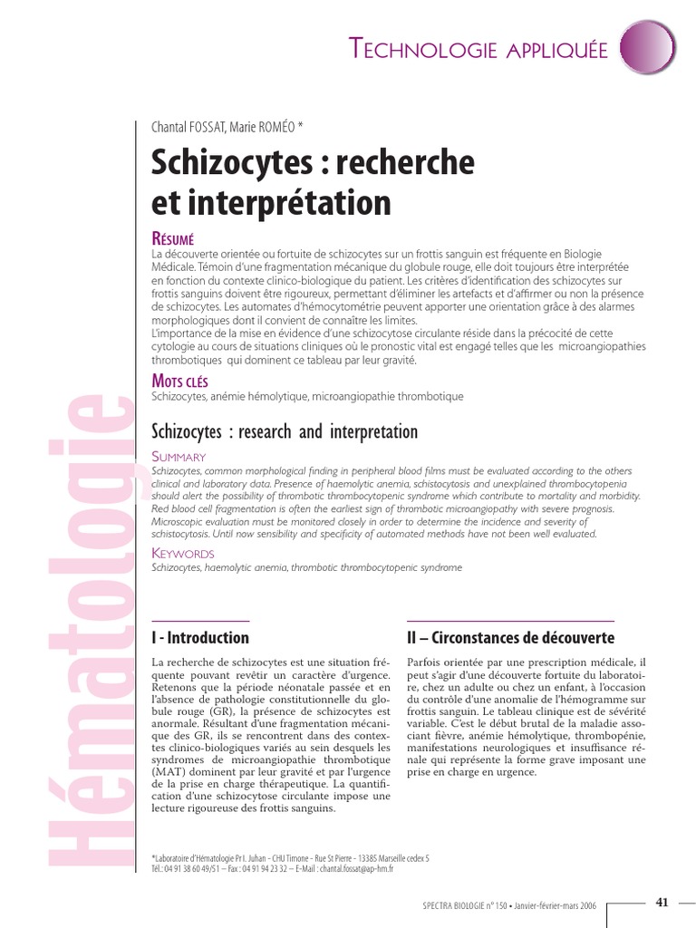 Schizocytes : Diagnostic et Interprétation | PDF | Maladie auto-immune ...