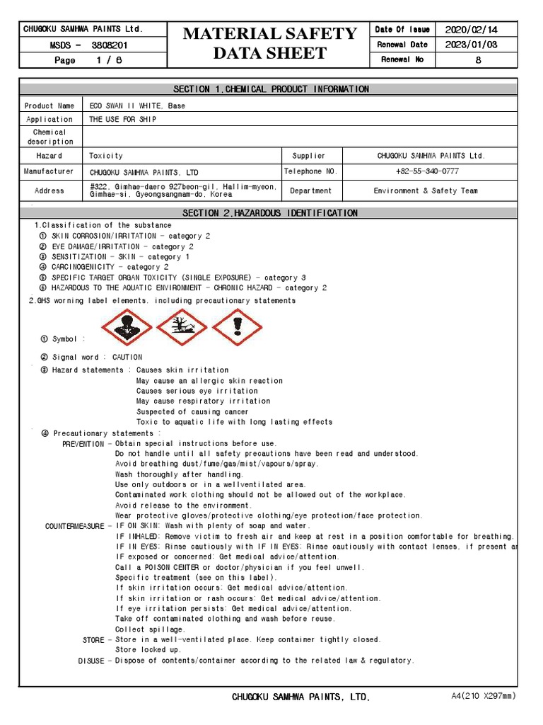 Eco Swan II White MSDS Guide | PDF | Dangerous Goods | Chemistry