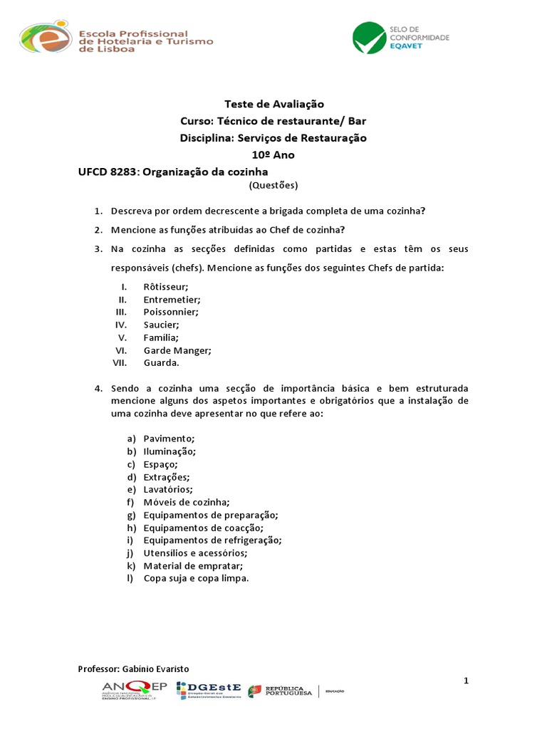 Teste de Avaliaao Da Ufcd 8283 - Organizaao Da Cozinha | PDF