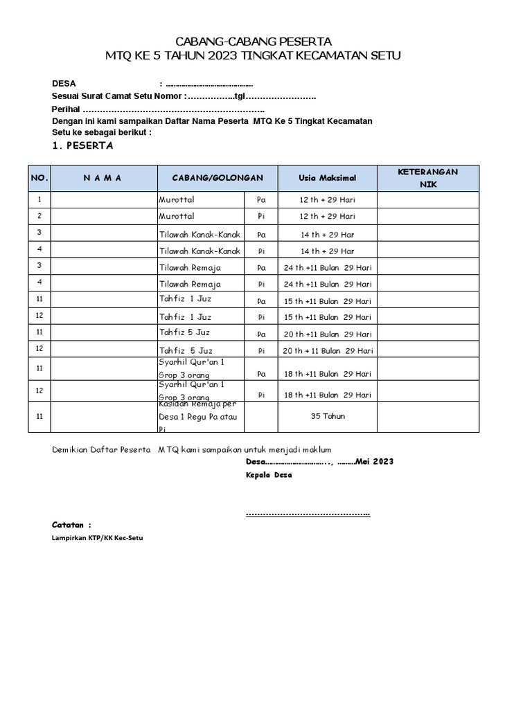 FORMULIR PENDAFTARAN MTQ KE 5 TK KEC SETU 2023 Ok | PDF