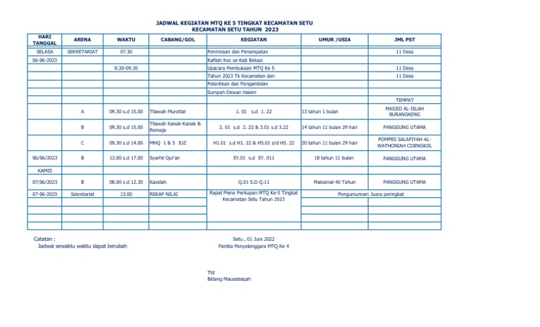 Jadwal - Tampil - Dan - Arena - MTQ - Ke - 5 Kec Setu 2023 | PDF