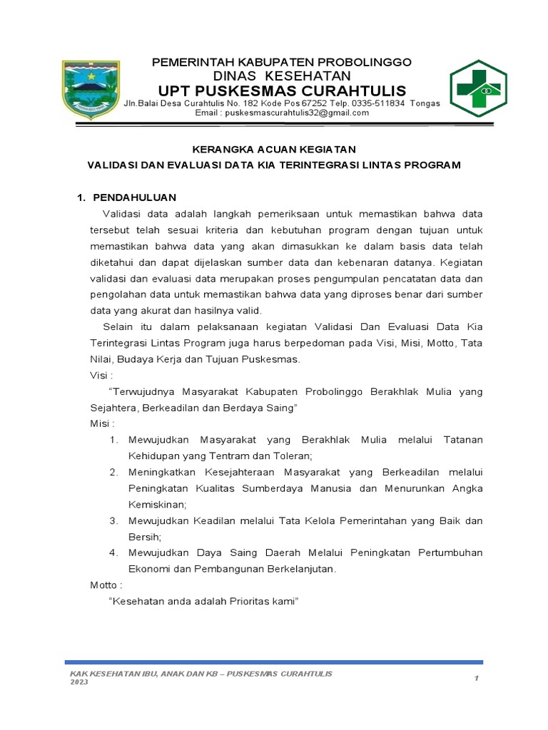 1 Kak Validasi Dan Evaluasi Data Kia Terintegrasi Lintas Program | PDF