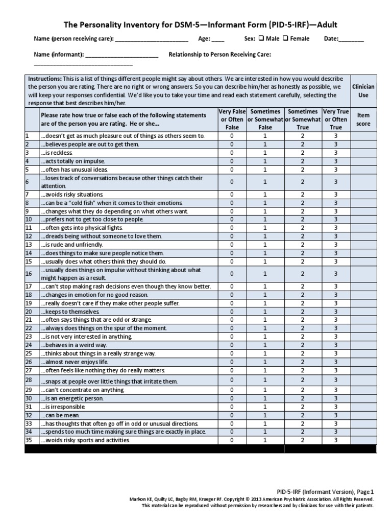 APA DSM5 The Personality Inventory For DSM 5 Full Version Informant ...
