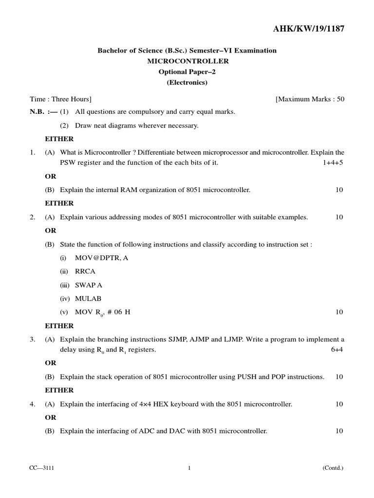 Bachelor of Science (B.SC.) Semester-VI Examination Microcontroller Optional Paper-2 ...