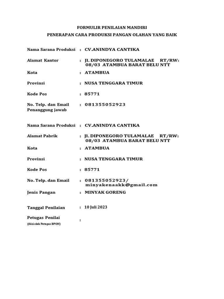 Formulir Penilaian Mandiri Penerapan CPPOB | PDF