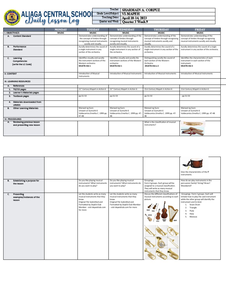 DLL - Mapeh 6 - Q3 - W9 | Download Free PDF | Musical Instruments | Woodwind Instruments