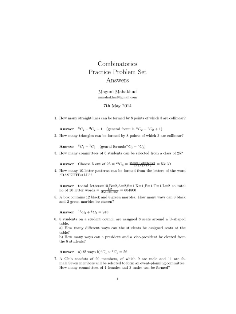 Combinatorics Practice Problem Set Answers: Maguni Mahakhud | PDF