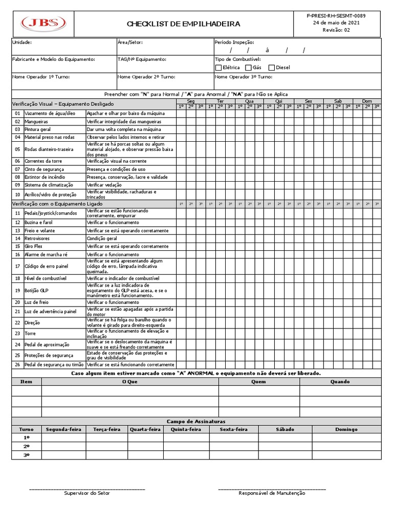 F PRESI RH SESMT 0089 Checklist de Empilhadeira | PDF