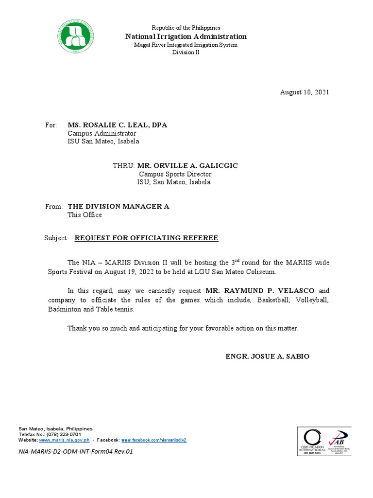 Request for Officiating Referee | PDF